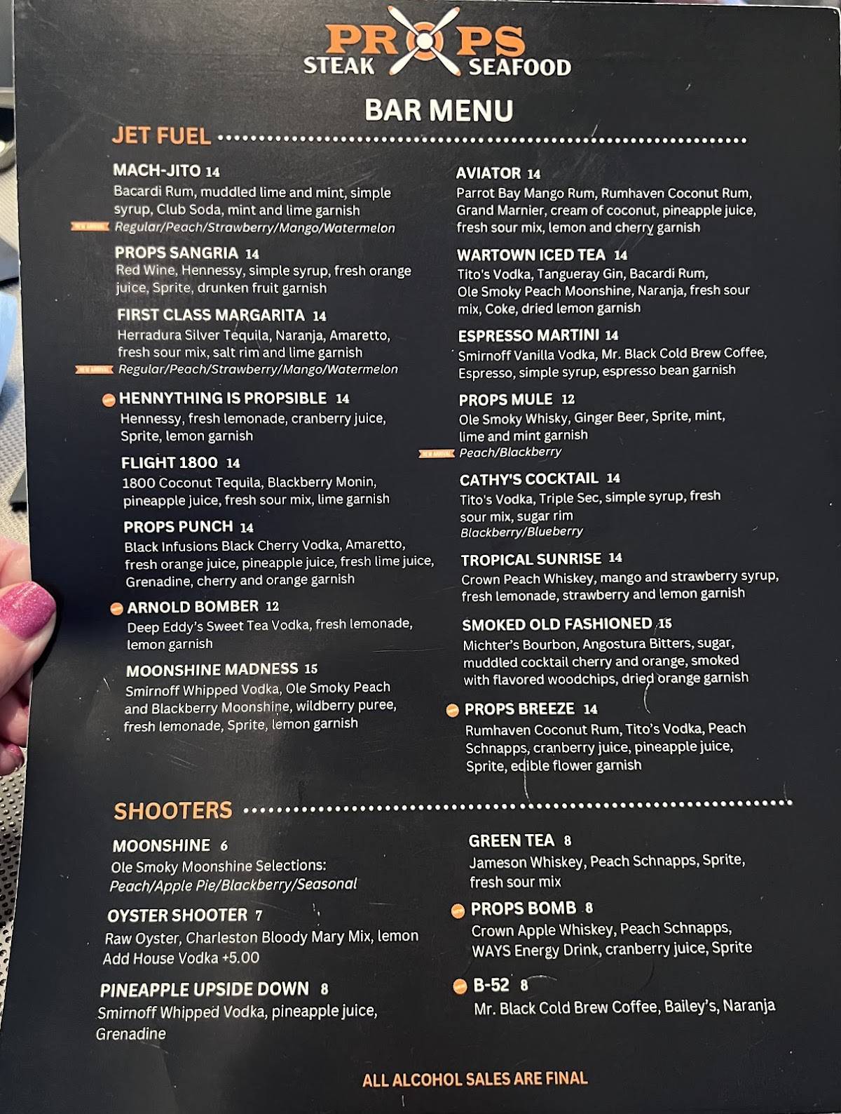 Menu at Props Steak and Seafood Restaurant, Warner Robins