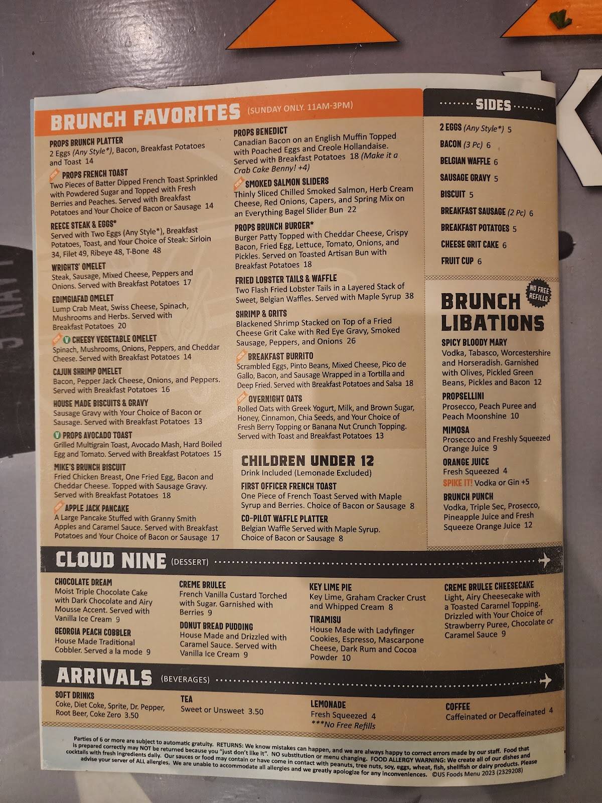 Menu at Props Steak and Seafood Restaurant, Warner Robins