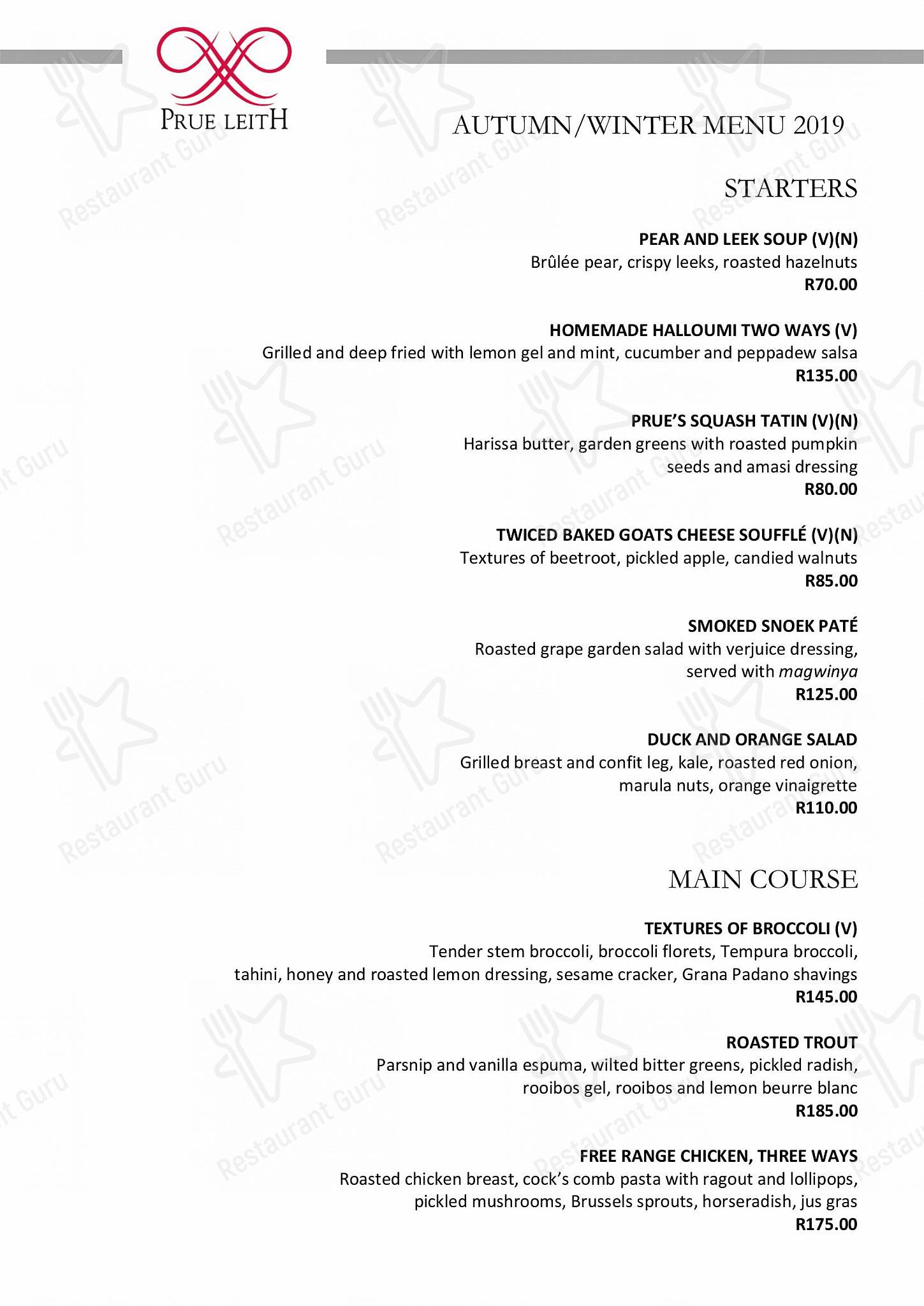 Menu at Prue Leith Culinary Institute & Restaurant, Centurion