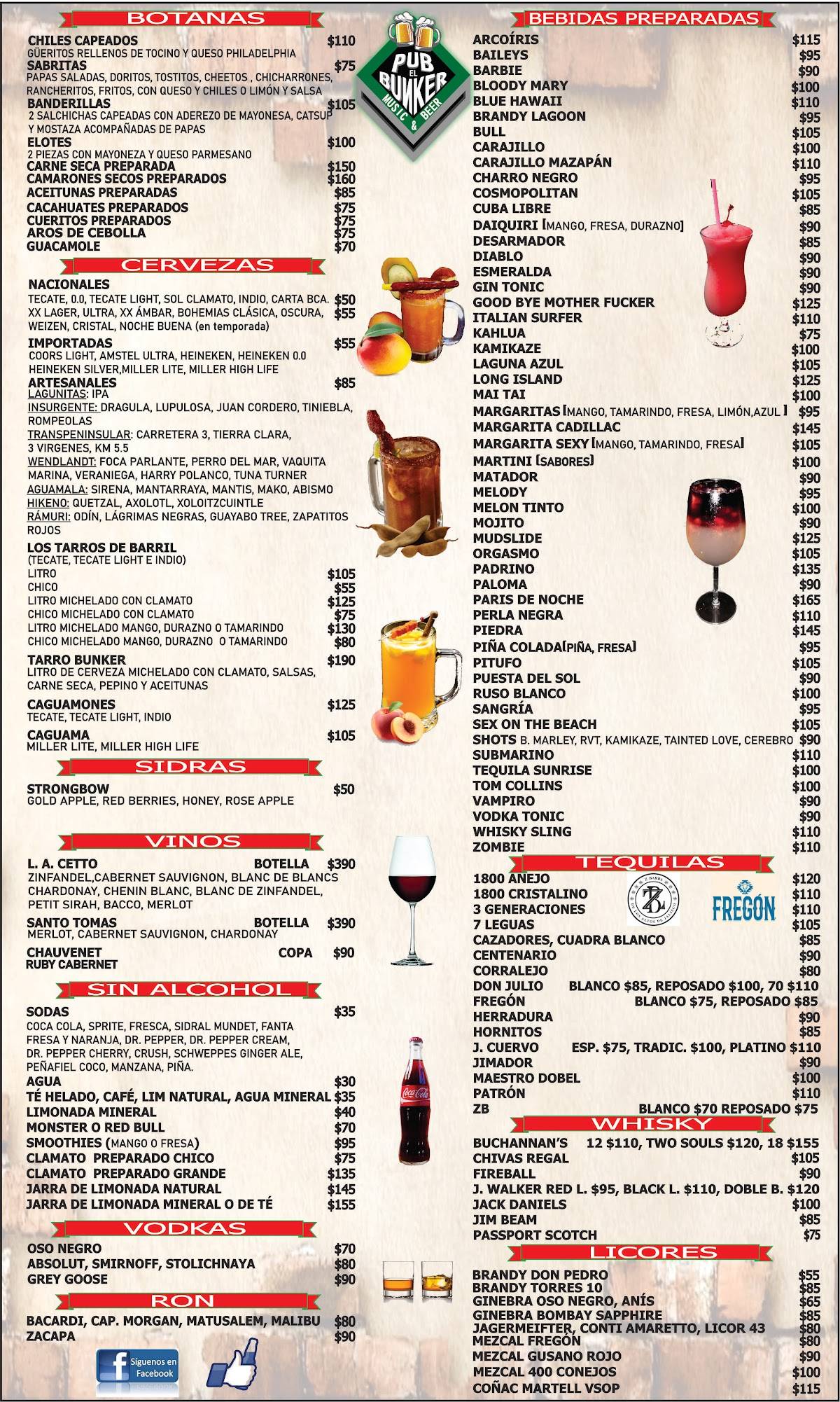 Menu at Pub El Búnker, Ensenada, Blvd. Zertuche 283