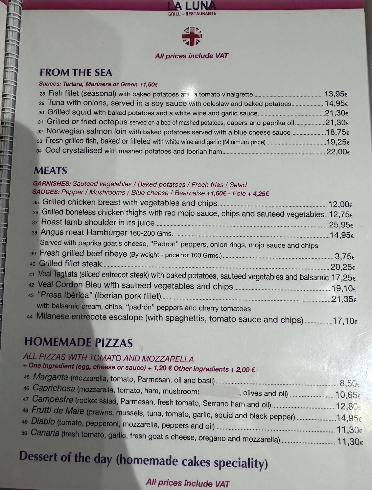 Menu at Pub Restaurante La Luna, Corralejo, C. el Pulpo