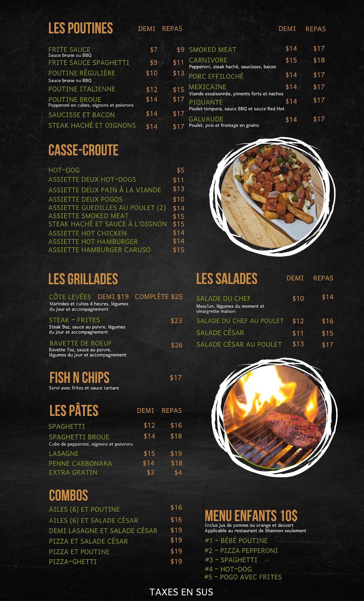 Menu au Pub Resto Broue, Shannon