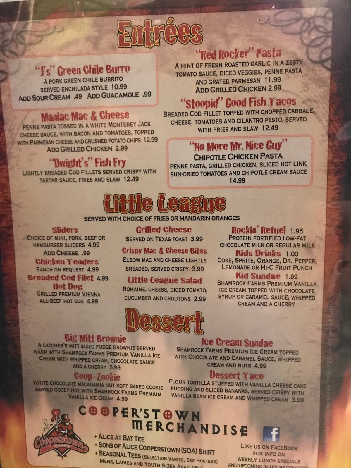 Menu at Alice Cooperstown pub & bar, Phoenix
