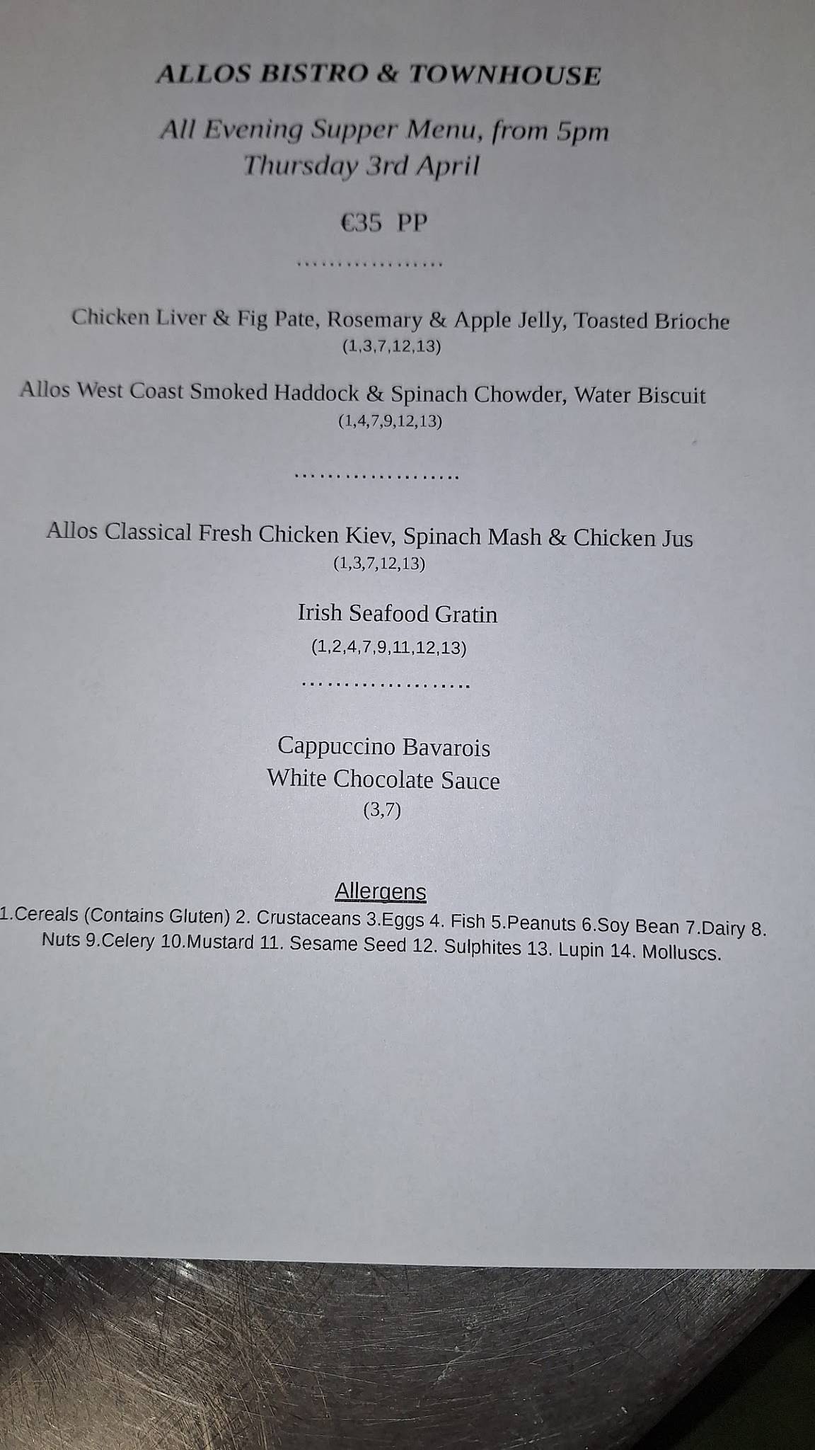 Menu at Allo's Restaurant, Bar and Bistro, Listowel