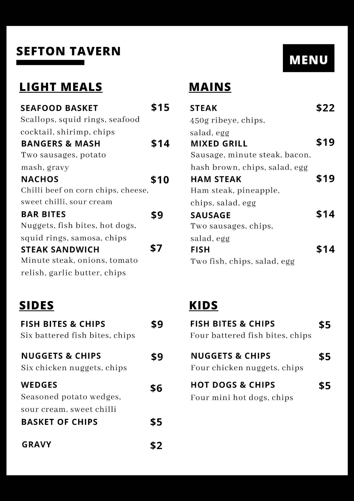 Menu at Anglers Arms Tavern pub & bar, Sefton