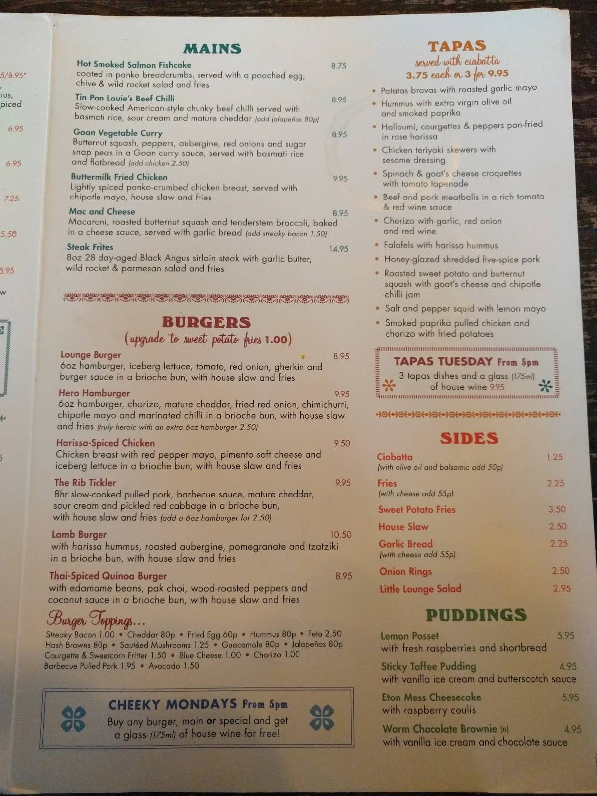 Menu at Argo Lounge pub & bar, Peterborough