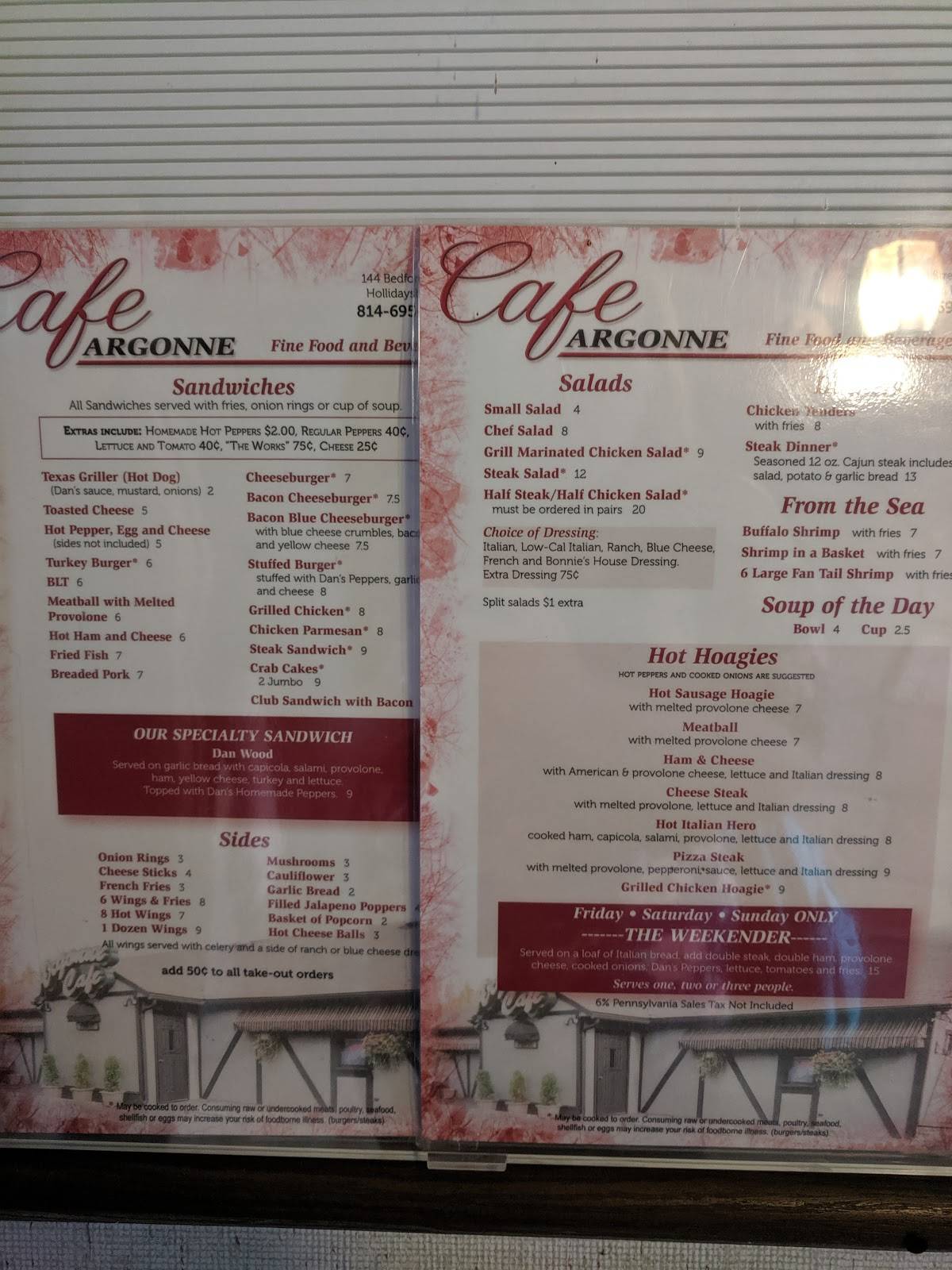 Menu at Argonne Café pub & bar, Hollidaysburg