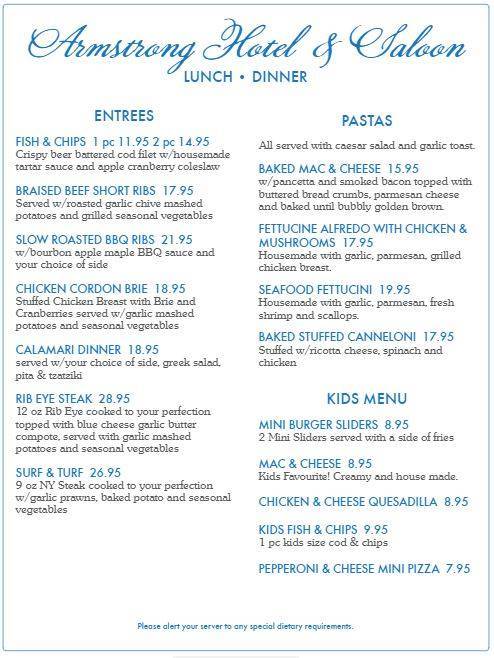 Menu at Armstrong Hotel & Saloon pub & bar, Armstrong