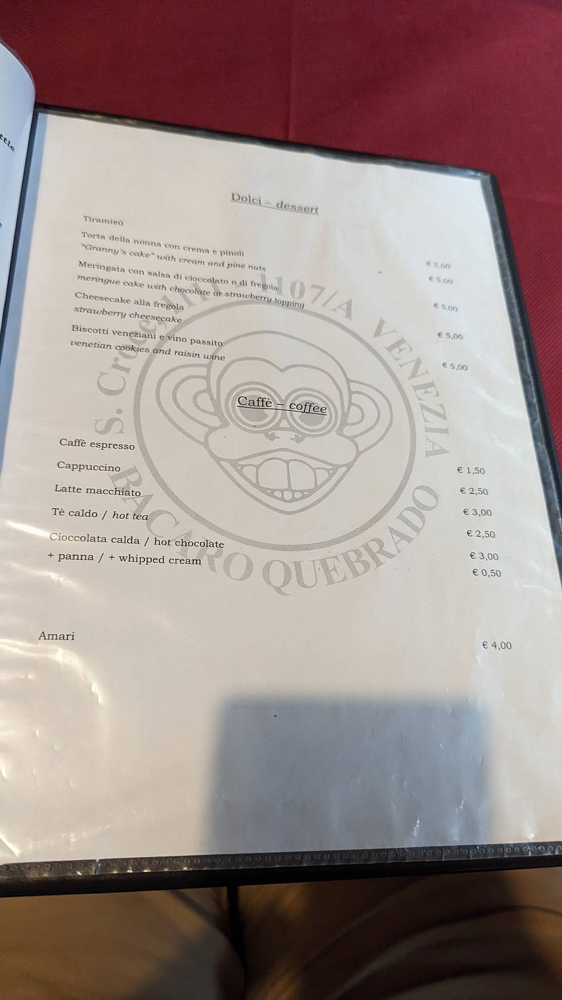 Menu at Bacaro Quebrado pub & bar, Venice