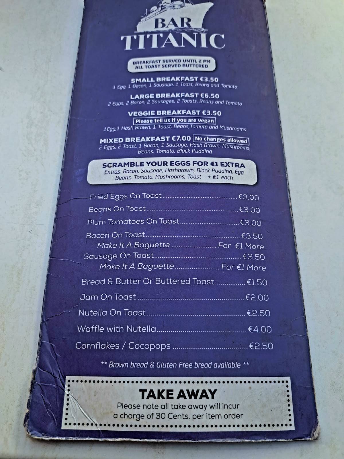 Menu at Bar Titanic, Benidorm