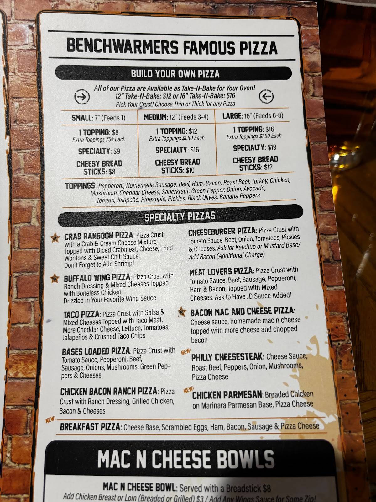 Menu at Benchwarmers Eatery & Sports pub & bar, Ottumwa