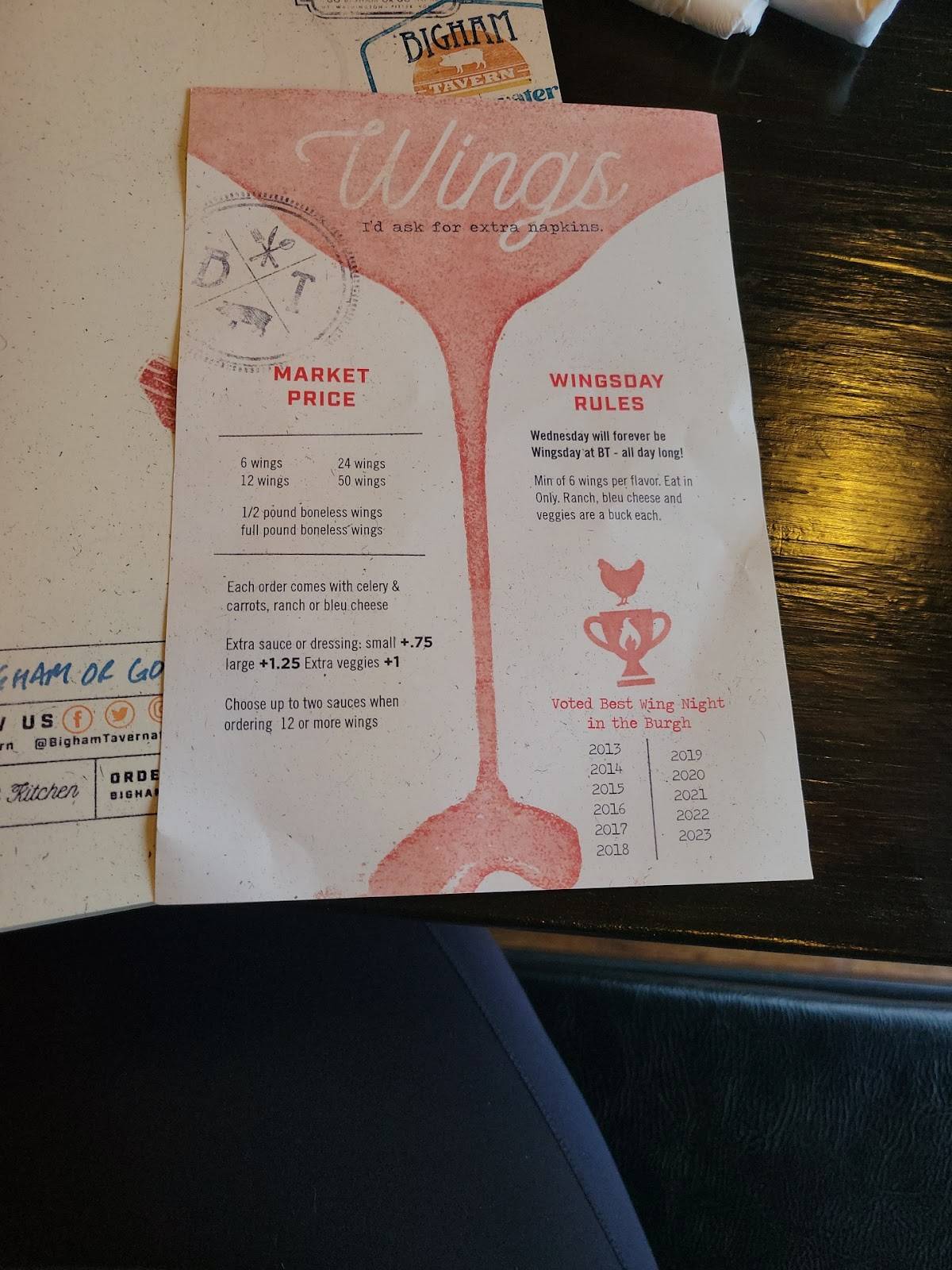 Menu at Bigham Tavern at Bridgewater pub & bar, Beaver