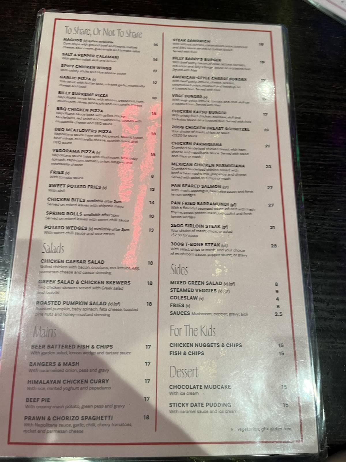 Menu at Billy Barry's, North Sydney