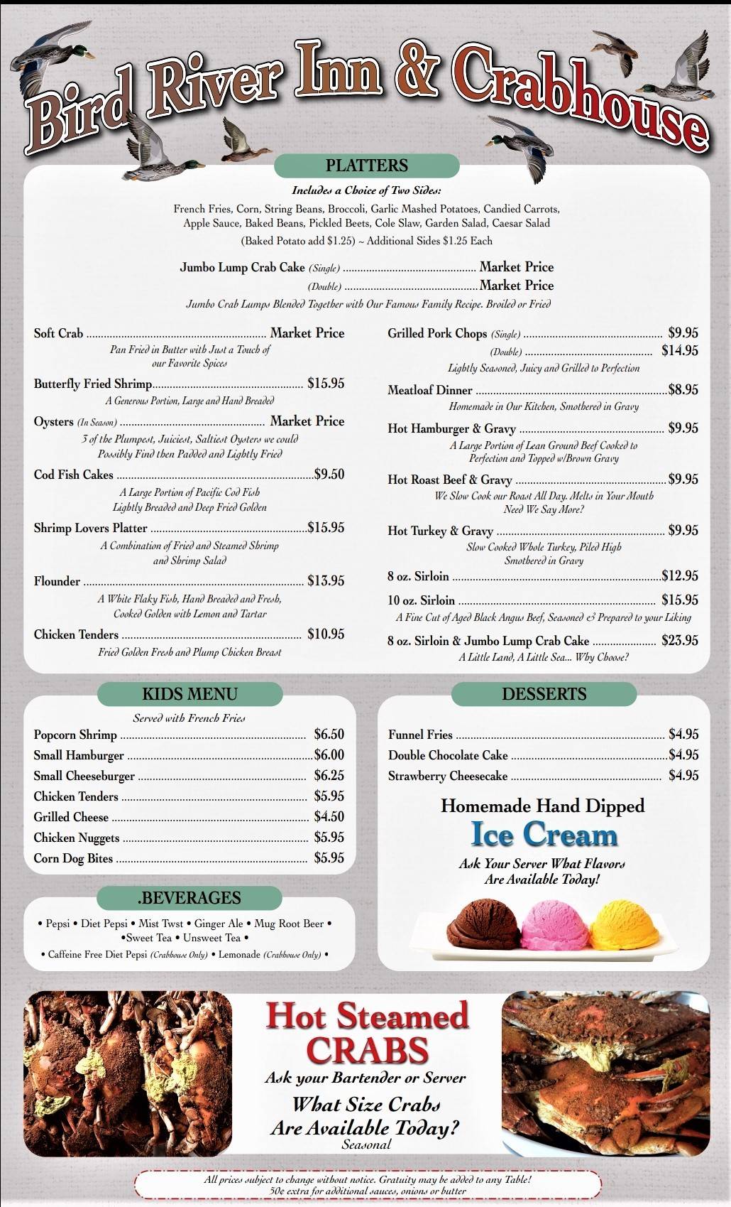 Menu at Bird River Inn pub & bar, Middle River