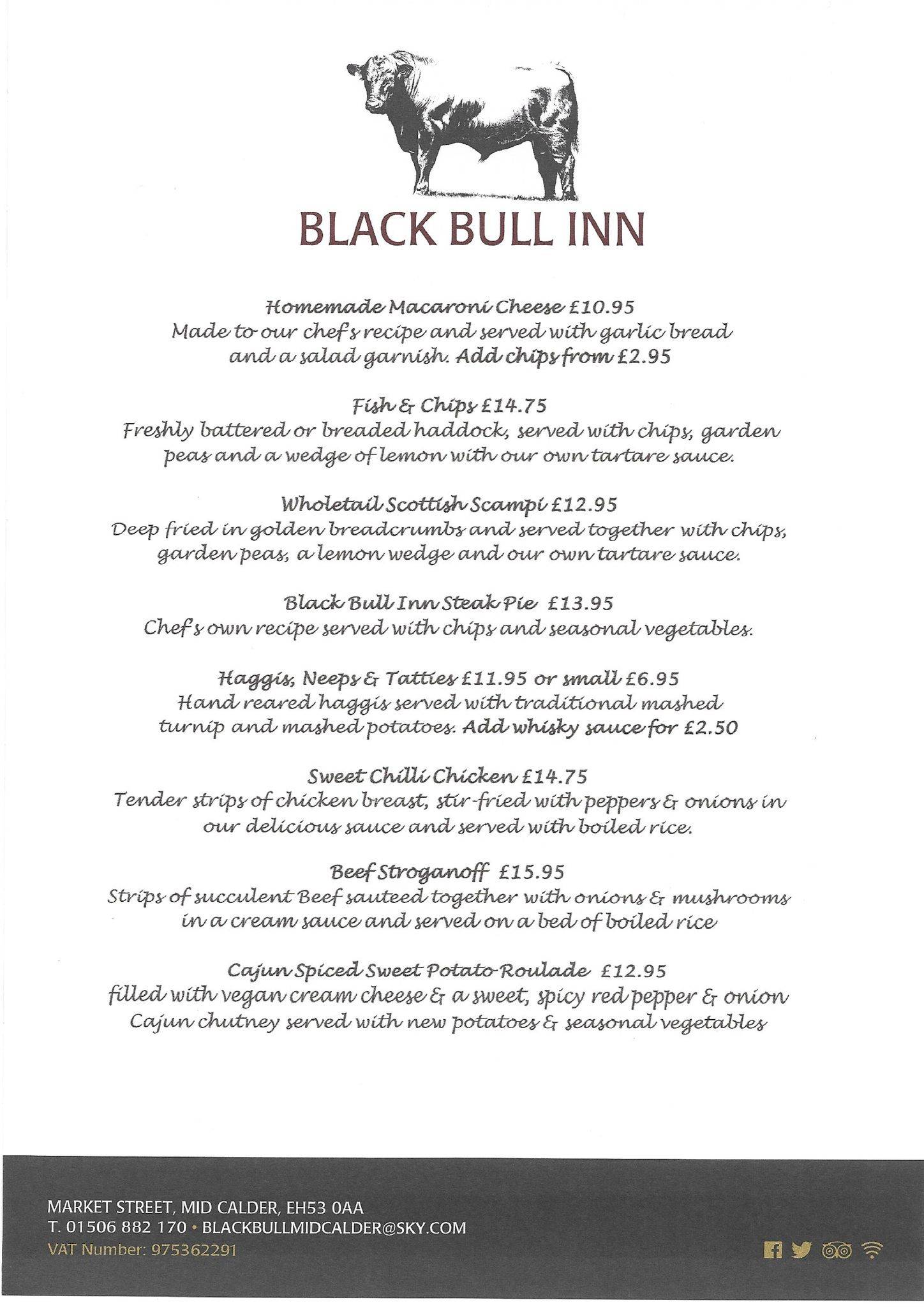 Menu at Black Bull Inn restaurant, Livingston