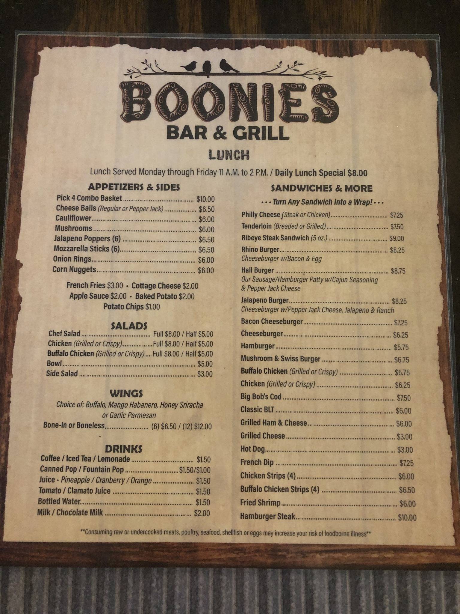 Menu at Boonies Bar And Grill, Fort Madison
