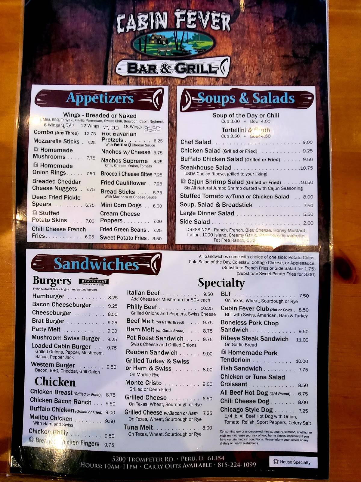 Menu at Cabin Fever Bar & Grill, Peru