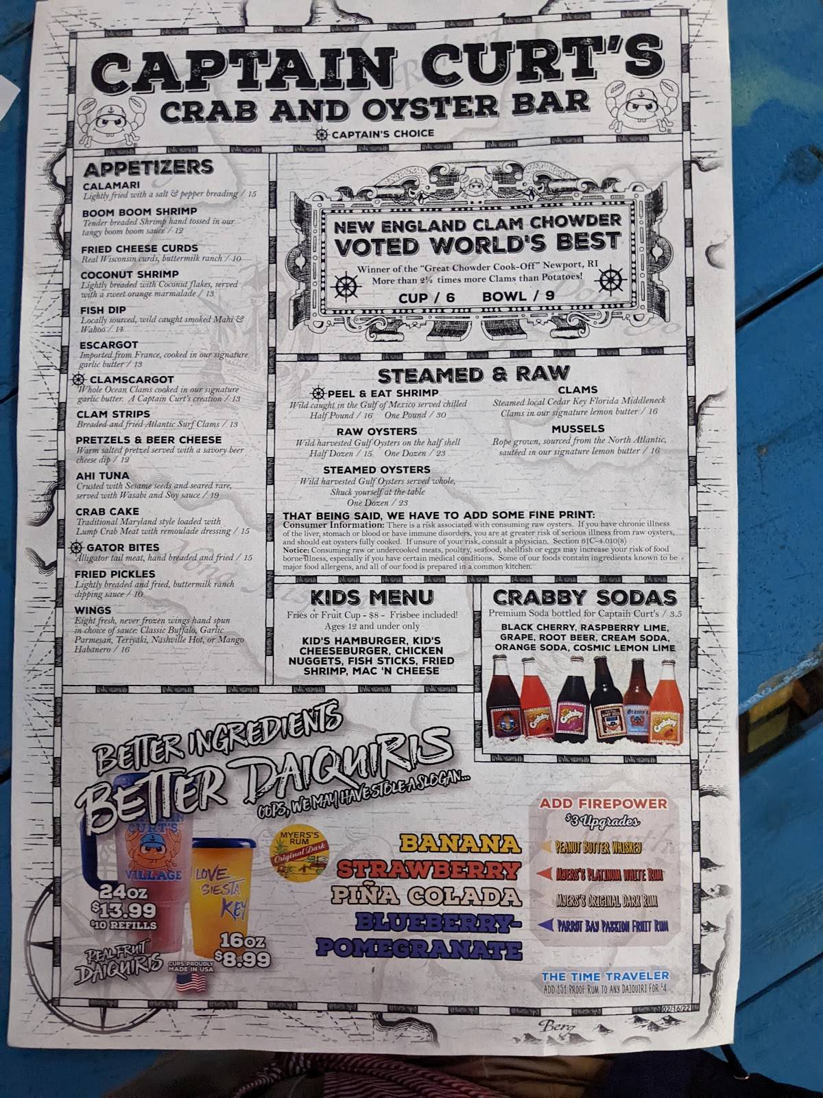 Menu at Captain Curt's Crab & Oyster Bar, Sarasota, Old Stickney Point Rd