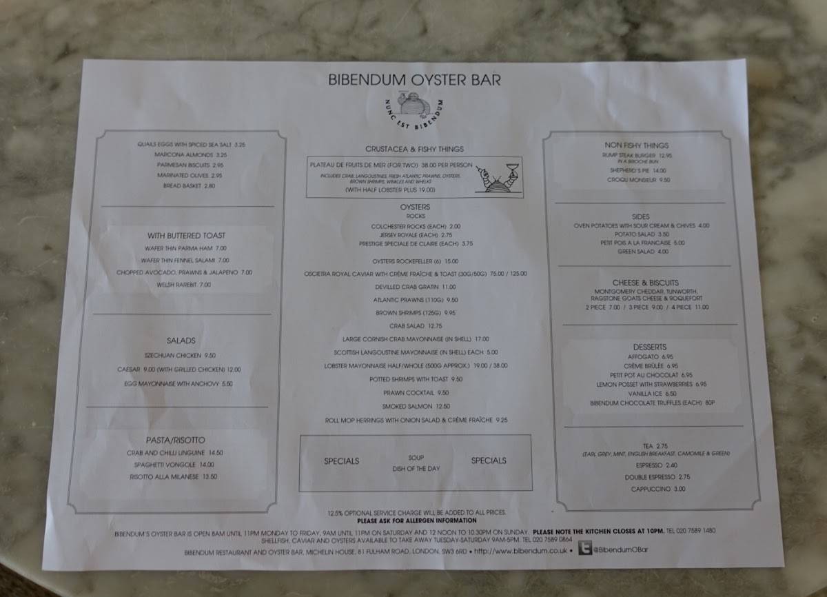Menu at Claude Bosi at Bibendum pub & bar, London