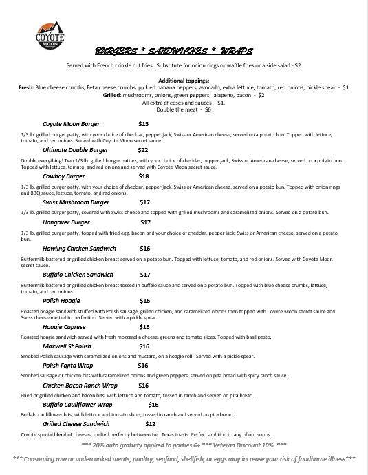 Menu at Coyote Moon Lounge pub & bar, Pagosa Springs