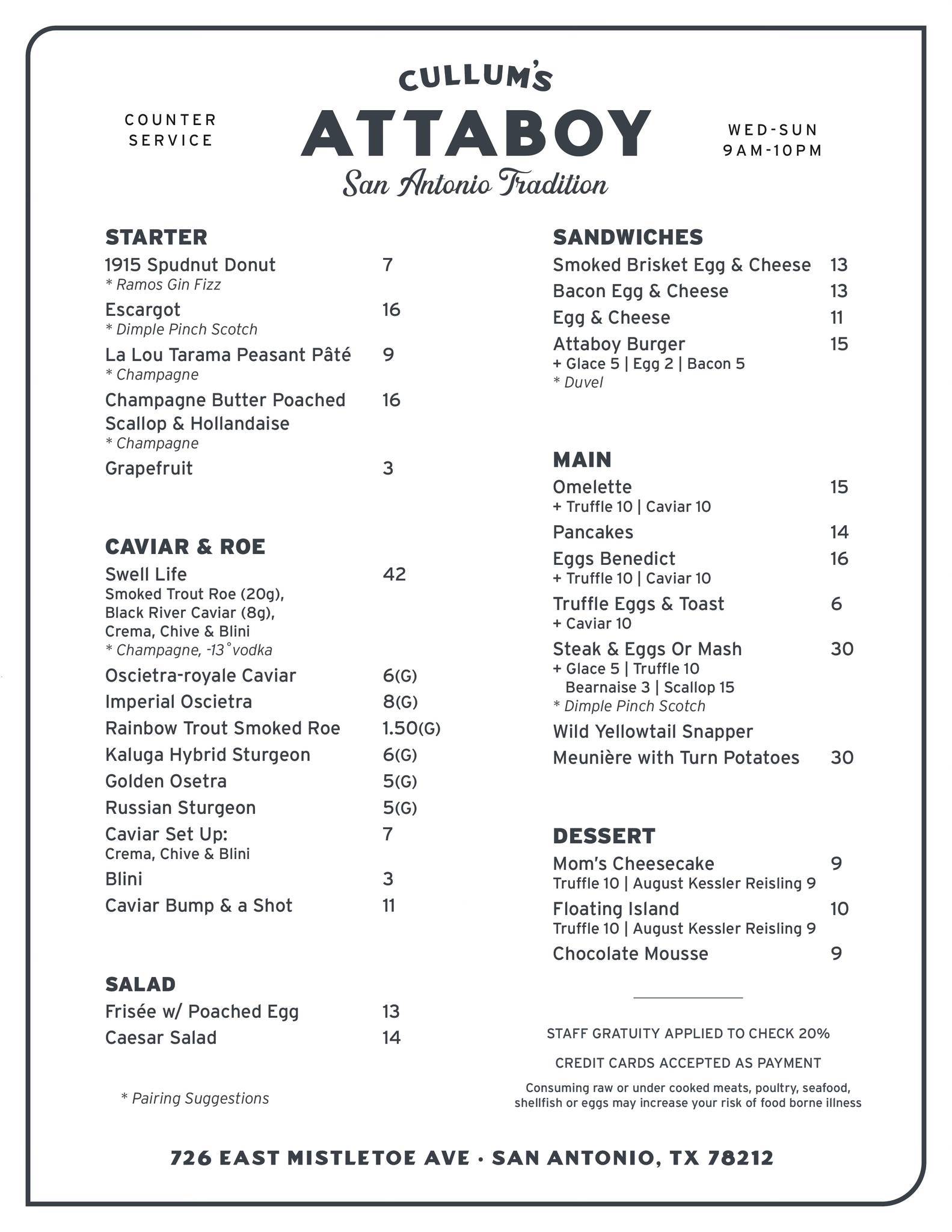 Menu at Cullum’s Attaboy pub & bar, San Antonio