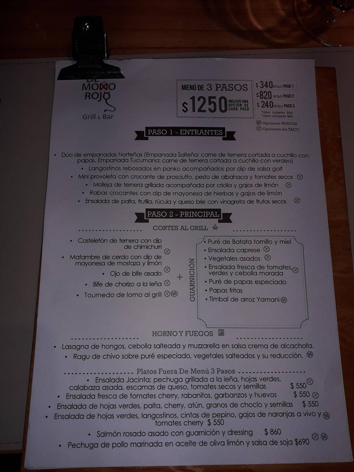 Carta del pub y bar De Moño Rojo, San Juan