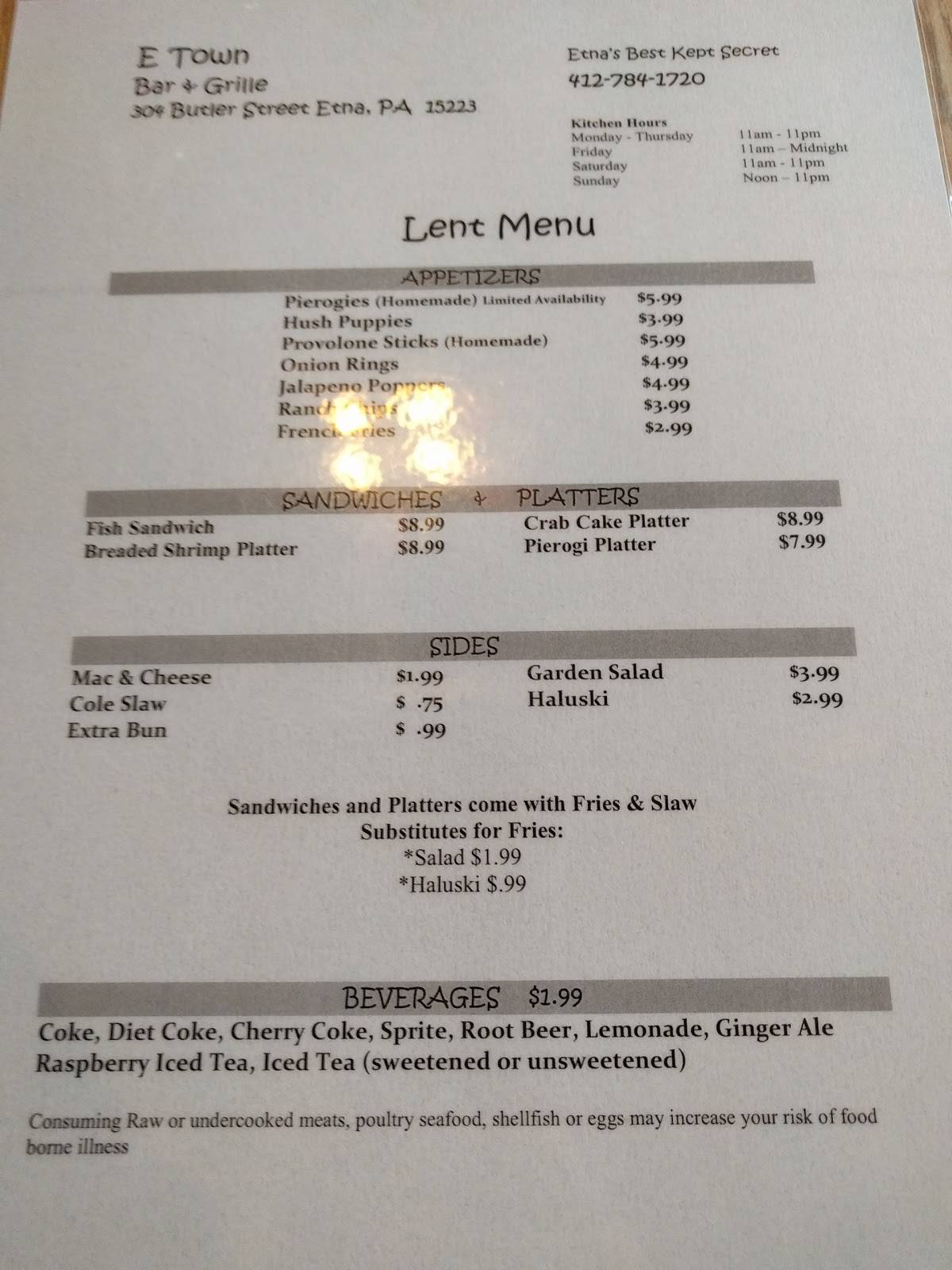 Menu at E Town Bar & Grill, Pittsburgh