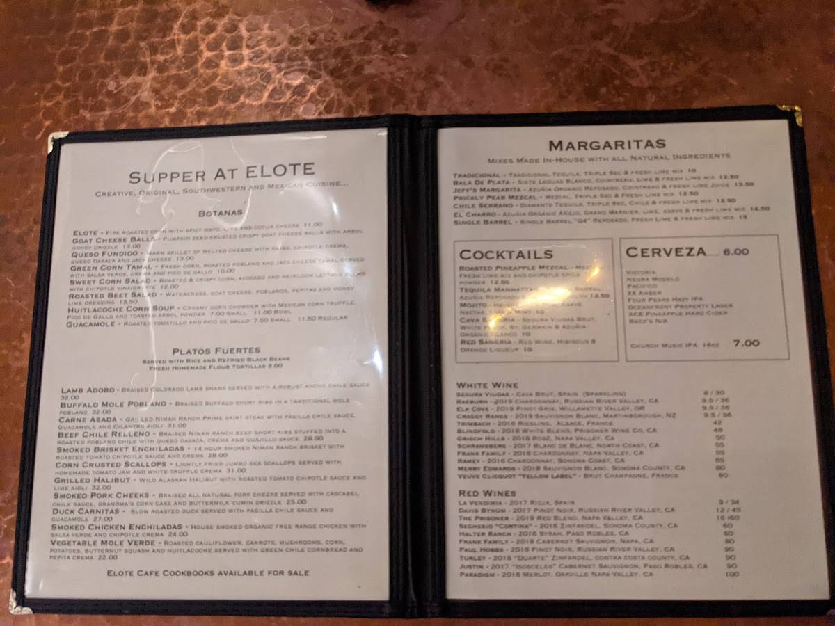Menu at Elote Cafe, Sedona