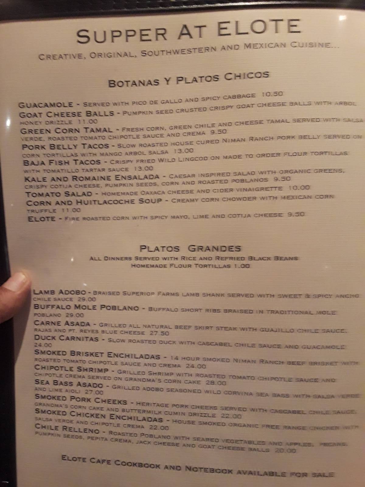 Menu at Elote Cafe, Sedona