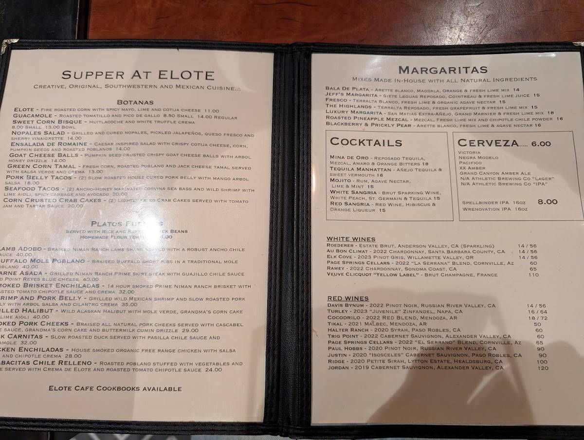 Menu at Elote Cafe, Sedona, 350 Jordan Rd