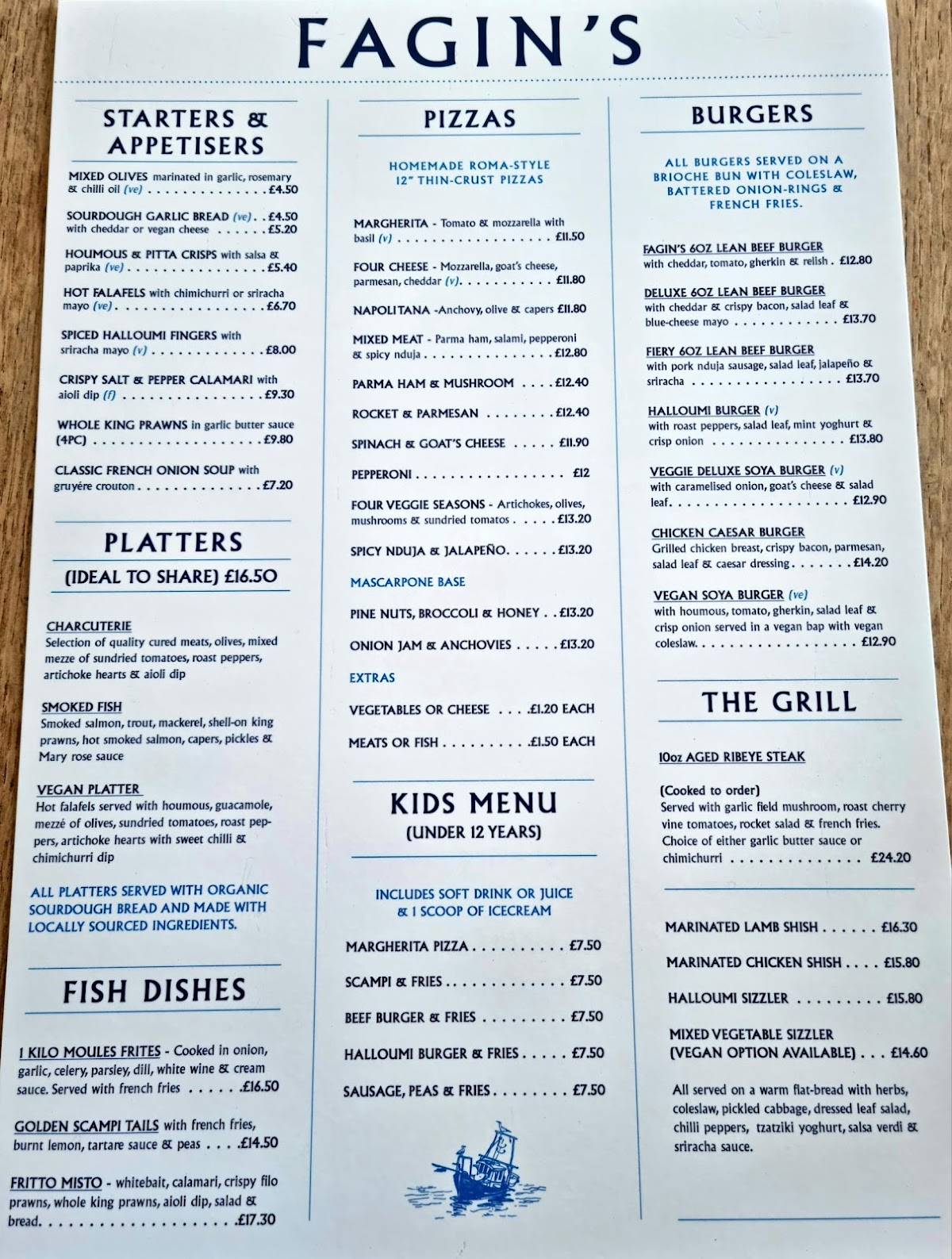 Menu at Fagin's restaurant, Hastings
