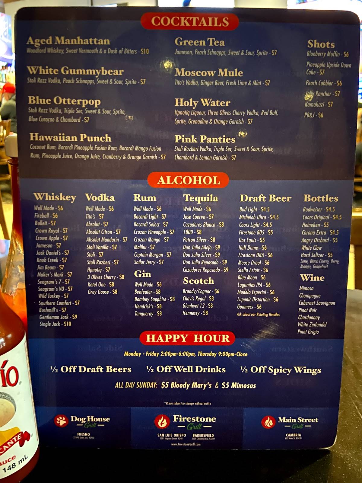 Menu at Firestone Grill pub & bar, Bakersfield, California Ave