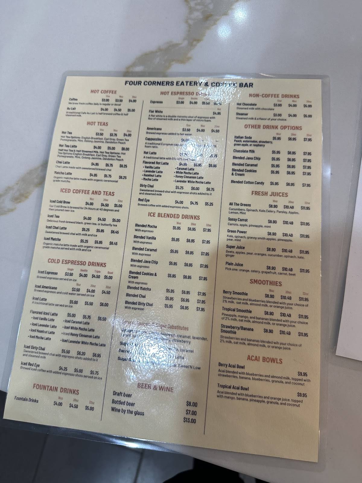 Menu at Four Corners Eatery & Coffee Bar, Redlands, 505 New Jersey St