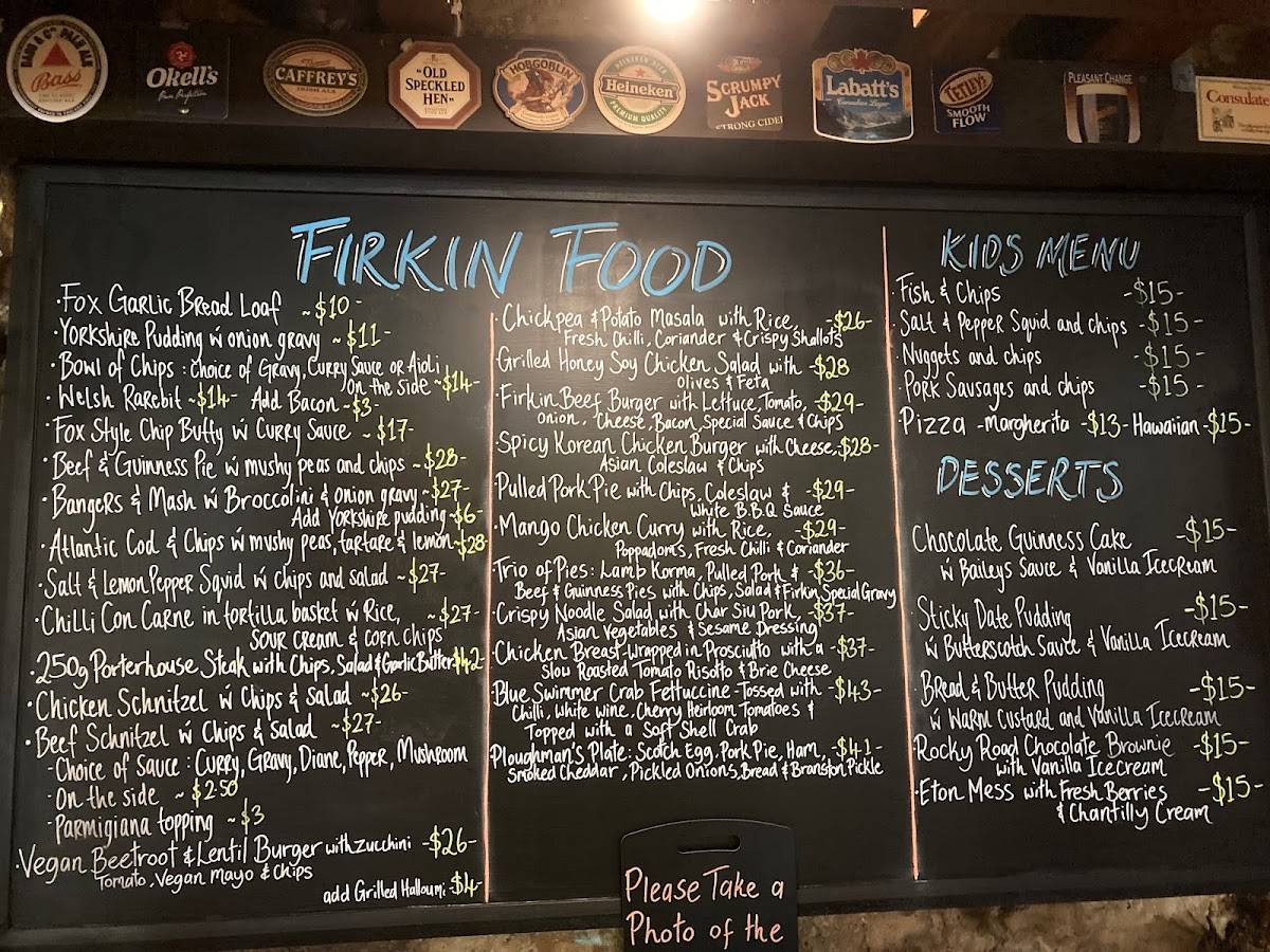 Menu at Fox & Firkin English Pub, Tea Tree Gully