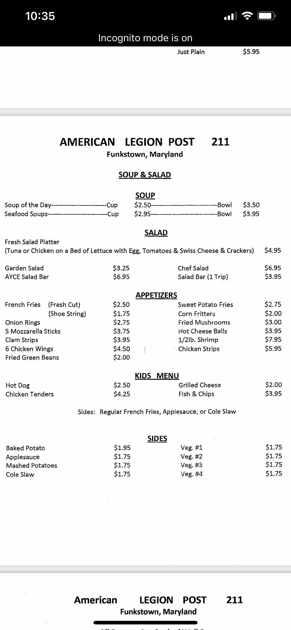 Menu at Funkstown American Legion Post 211, Funkstown