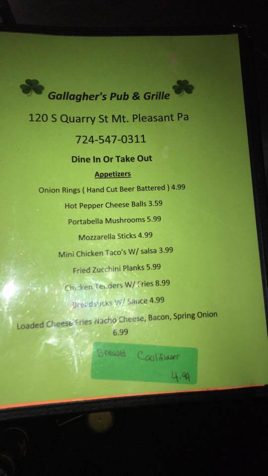 Menu at Gallagher's Pub & Grille LLC, Mount Pleasant