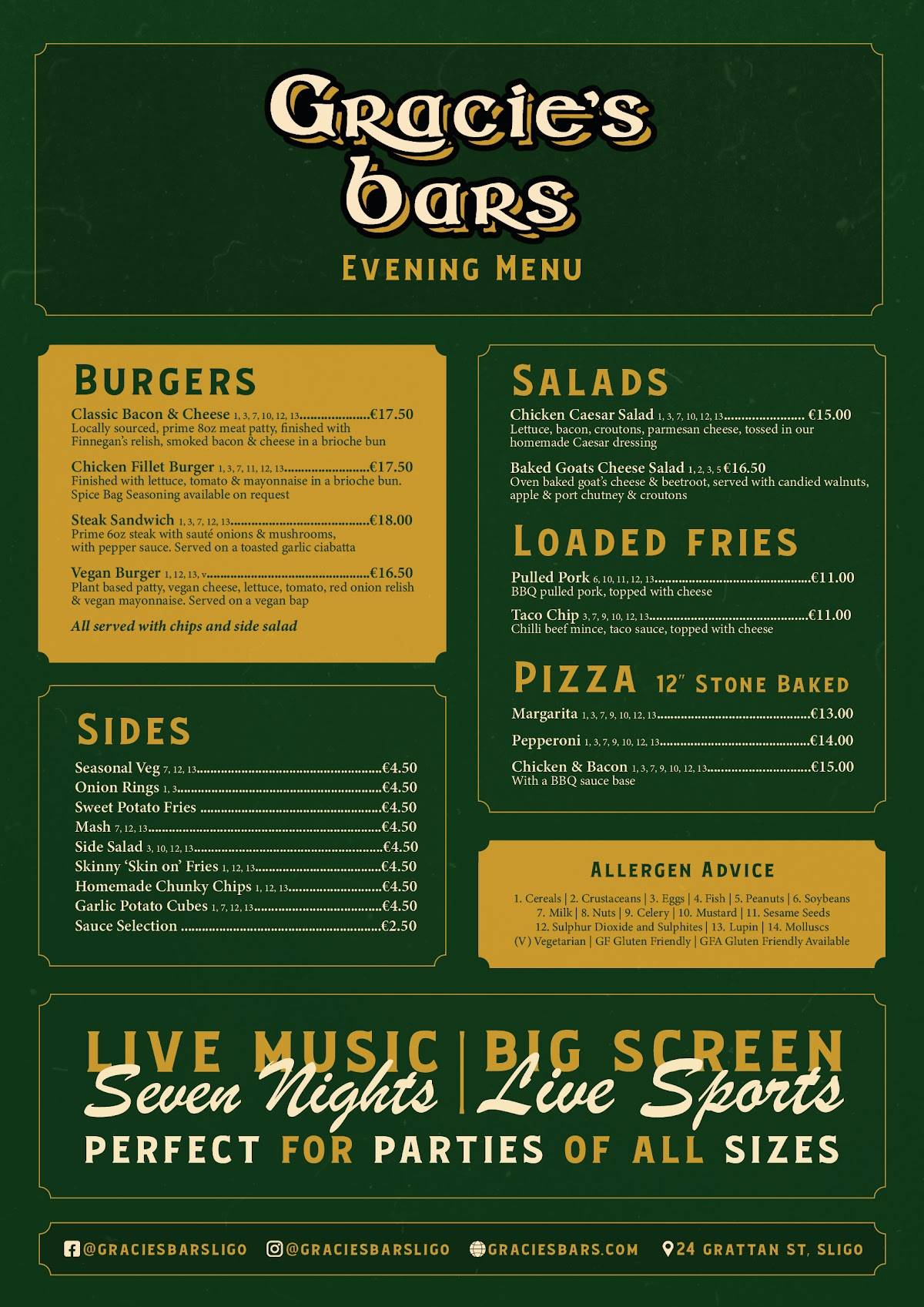 Menu at Gracie's Bar Sligo, Sligo