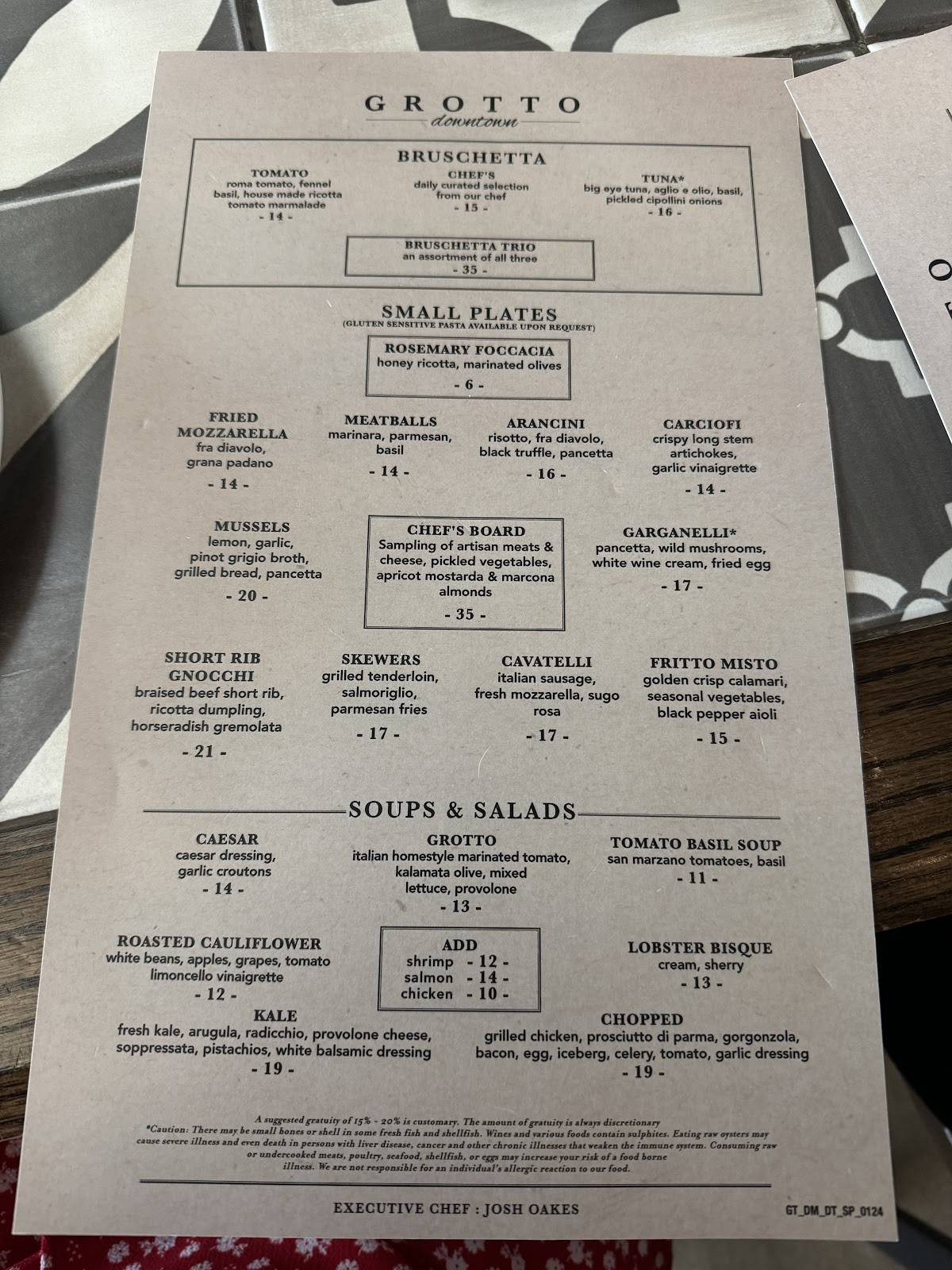 Menu at Grotto Downtown pub & bar, Houston