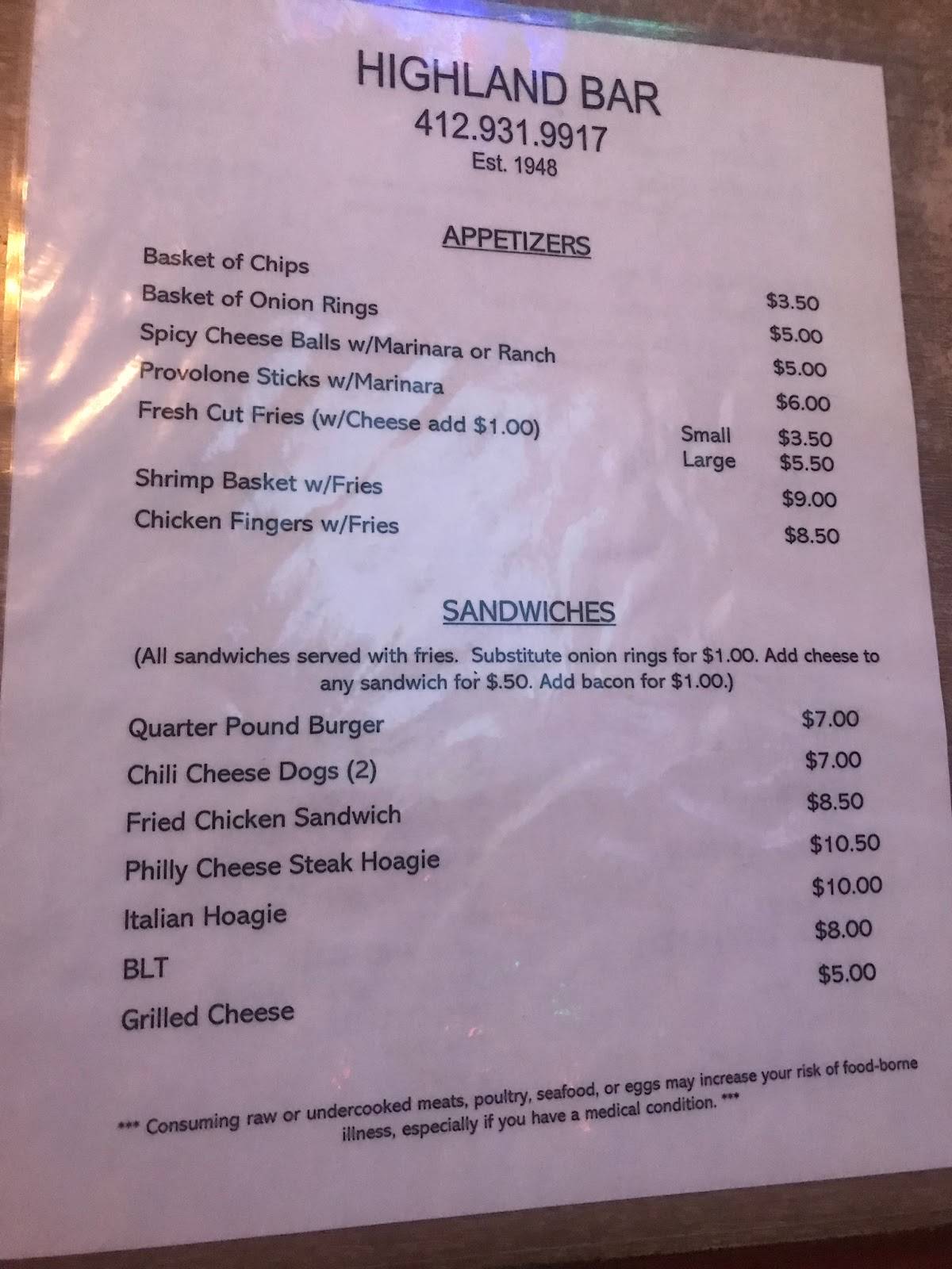 Menu at Highland Bar, Pittsburgh