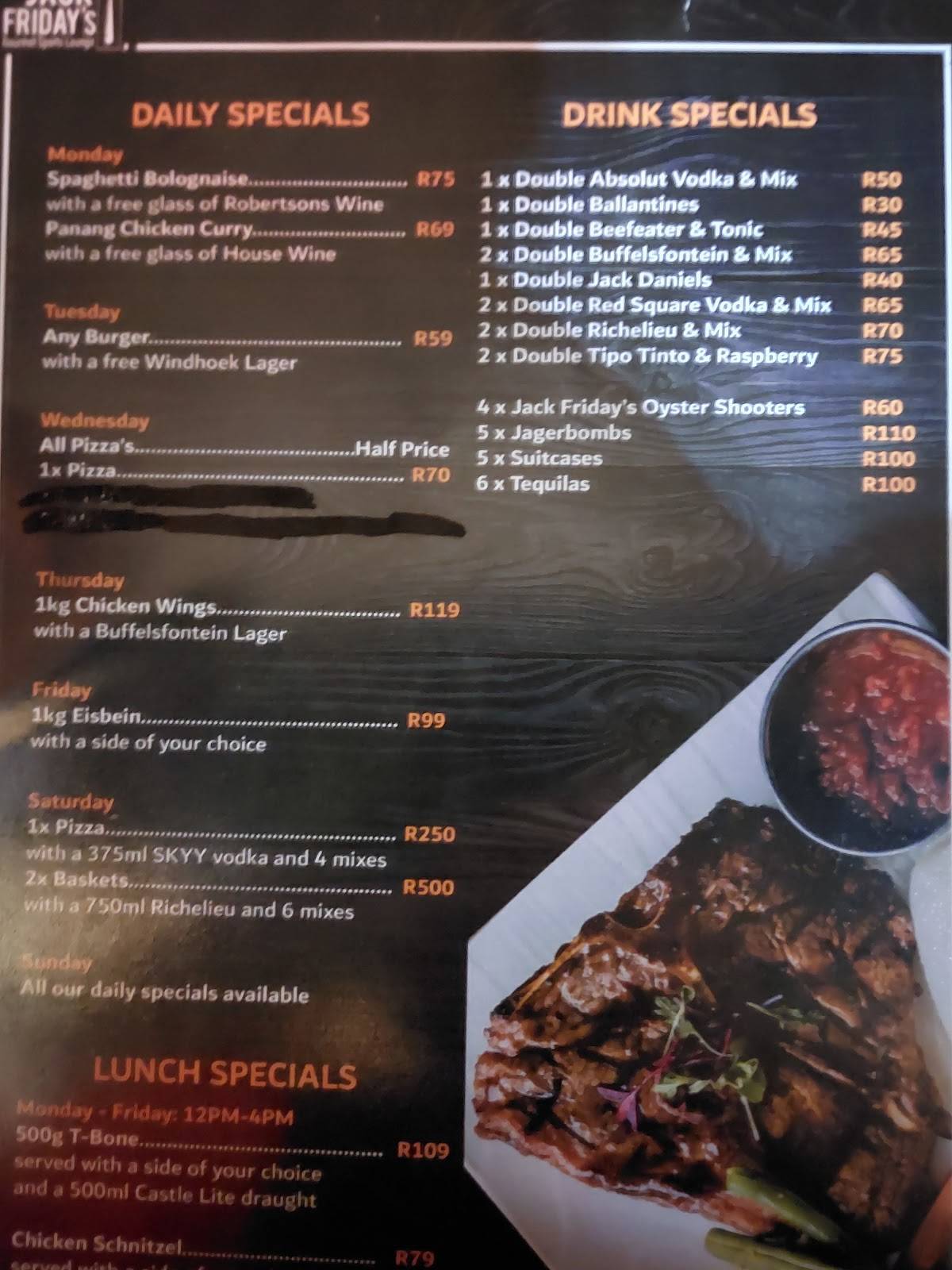 Menu at Jack Friday's pub & bar, Pretoria