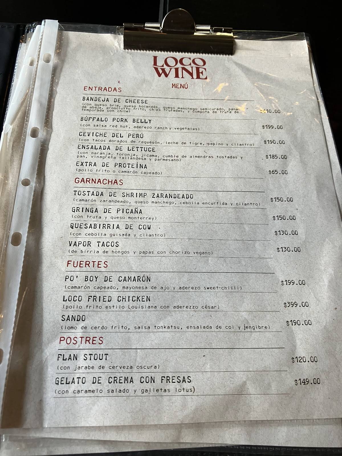 Carta del pub y bar LOCO WINE, Guadalajara