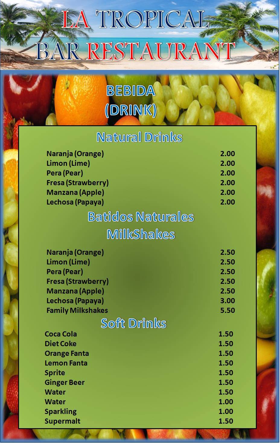 Carta de La Tropical Bar Restaurant, Londres
