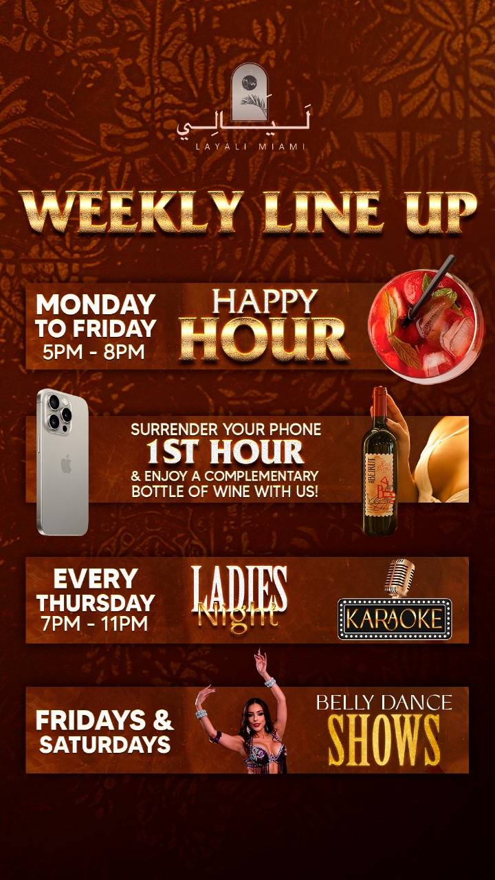 Menu at Layali Miami Lebanese Restaurant & lounge, Doral, NW 41st St #115