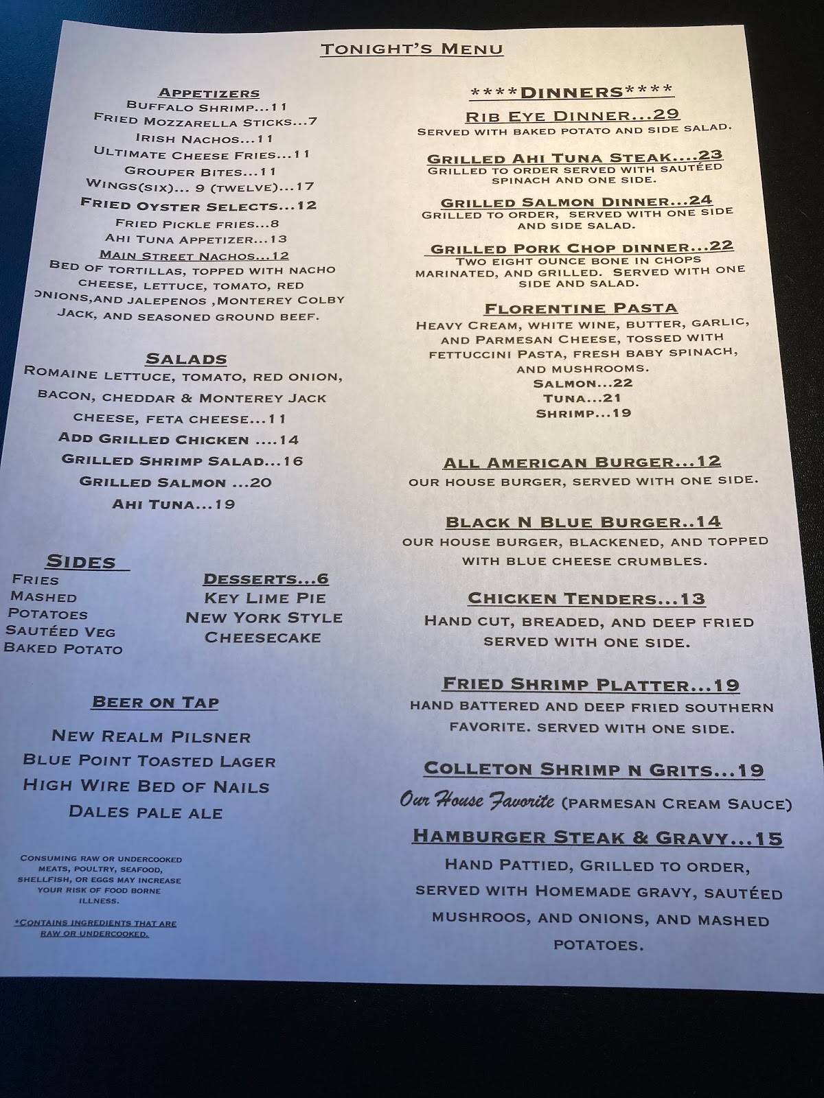 Menu at Main Street Grille pub & bar, Walterboro