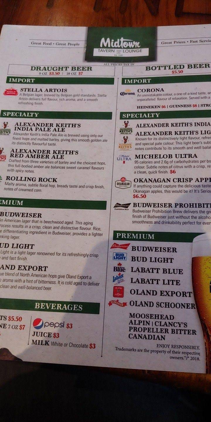 Menu at Midtown-Boomers Tavern & Lounge pub & bar, Halifax, Grafton St