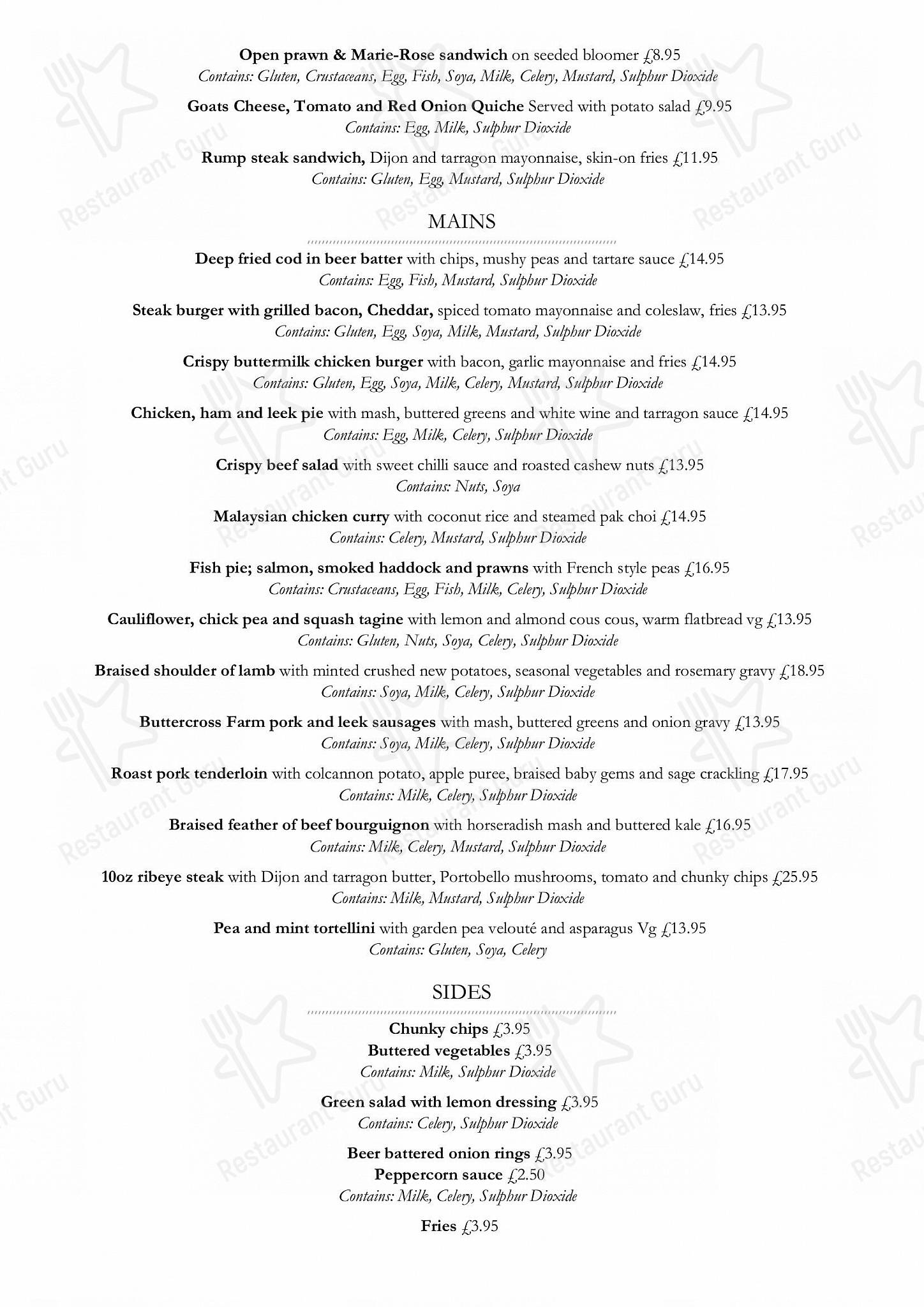 Menu at The Old Windmill pub & bar, Chelmsford