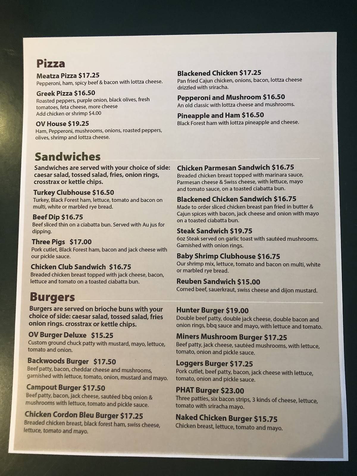 Menu at Overlander Pub, Williams Lake