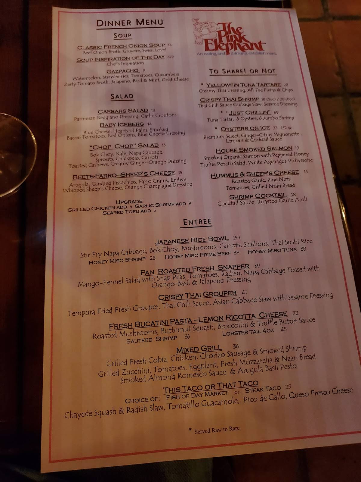Menu at Pink Elephant pub & bar, Boca Grande