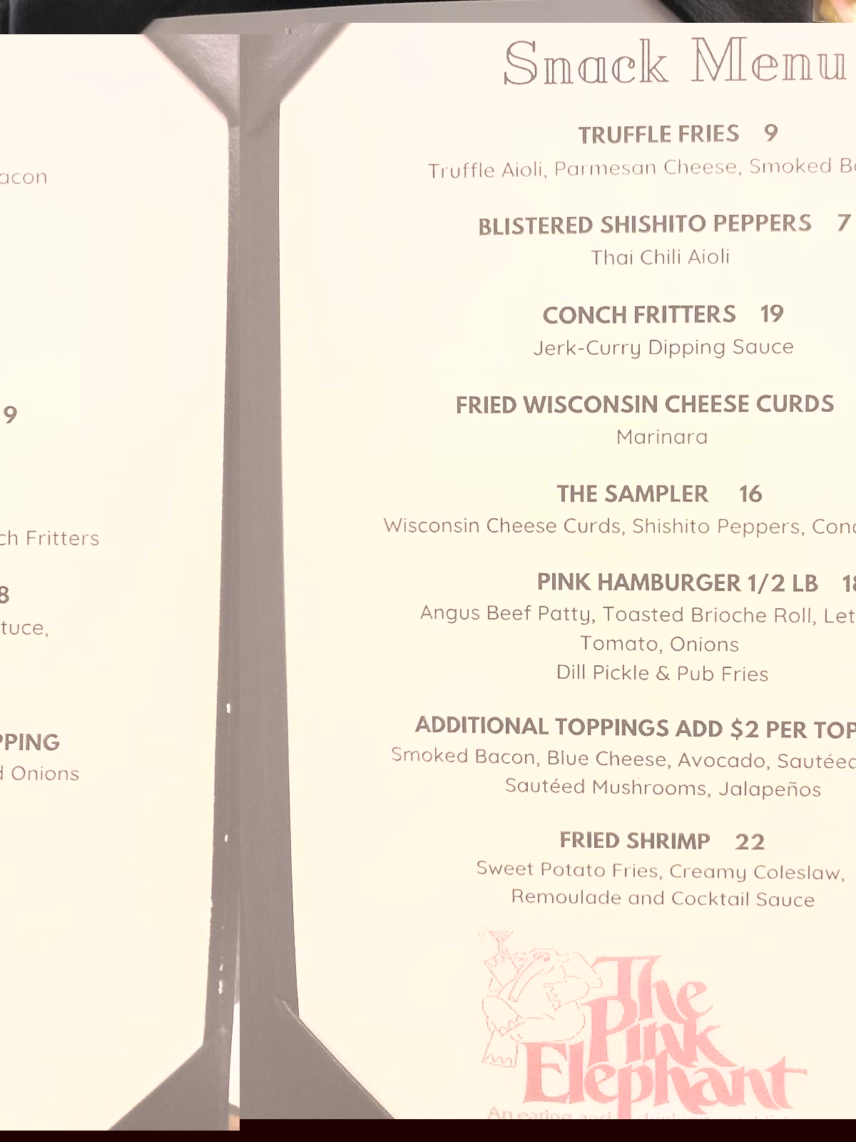 Menu at Pink Elephant pub & bar, Boca Grande