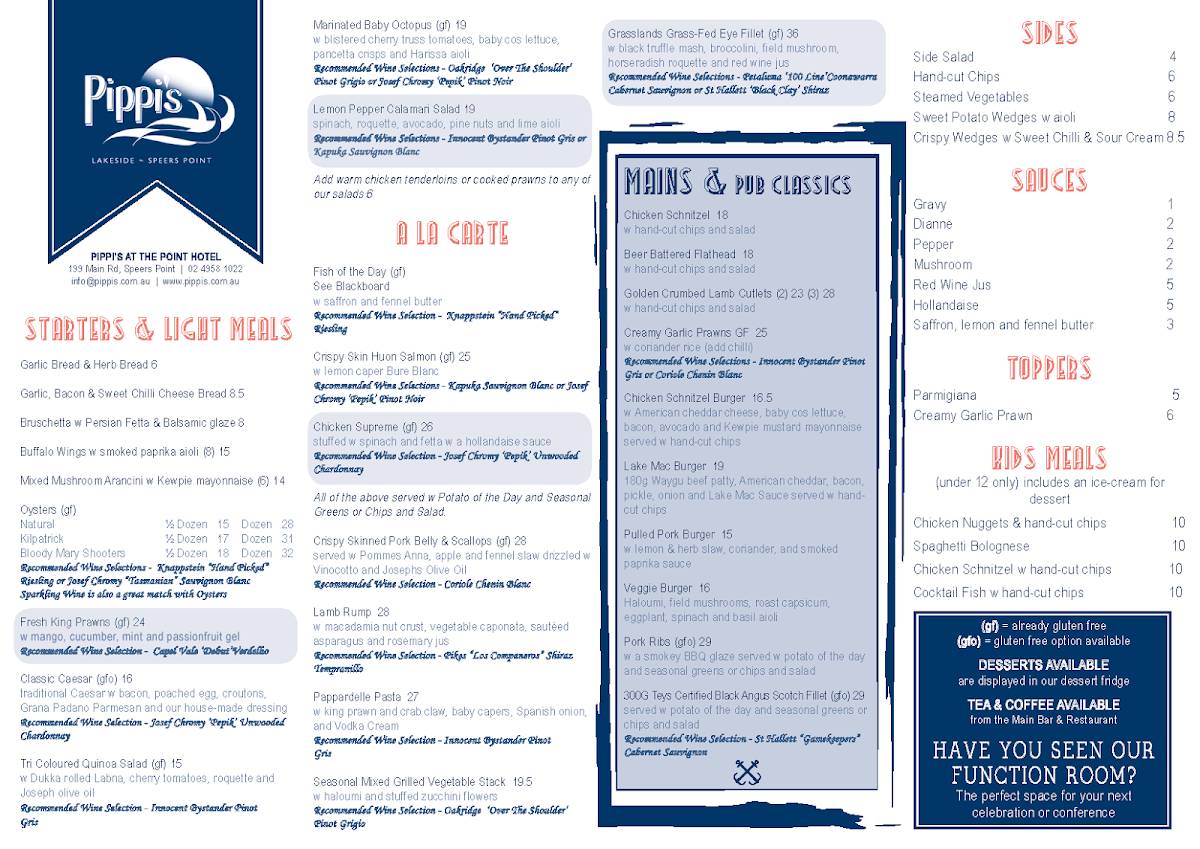 Menu at Pippi's At The Point Hotel pub & bar, Speers Point